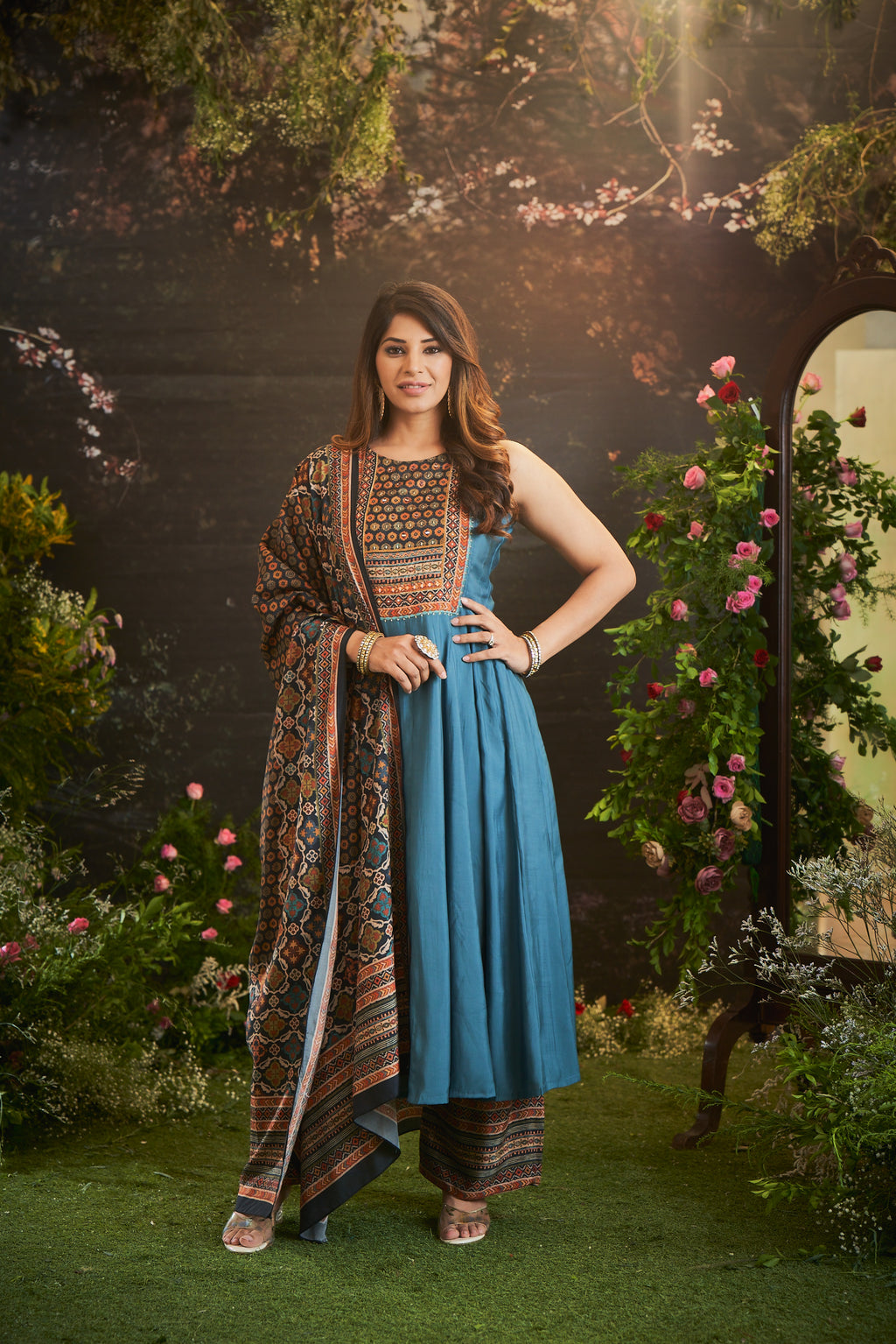 Blue Floral and Geometric Embroidered Set – Anora Fashions